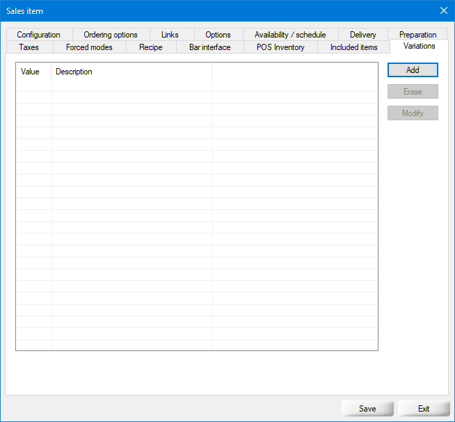 Sales Item Setup Variations