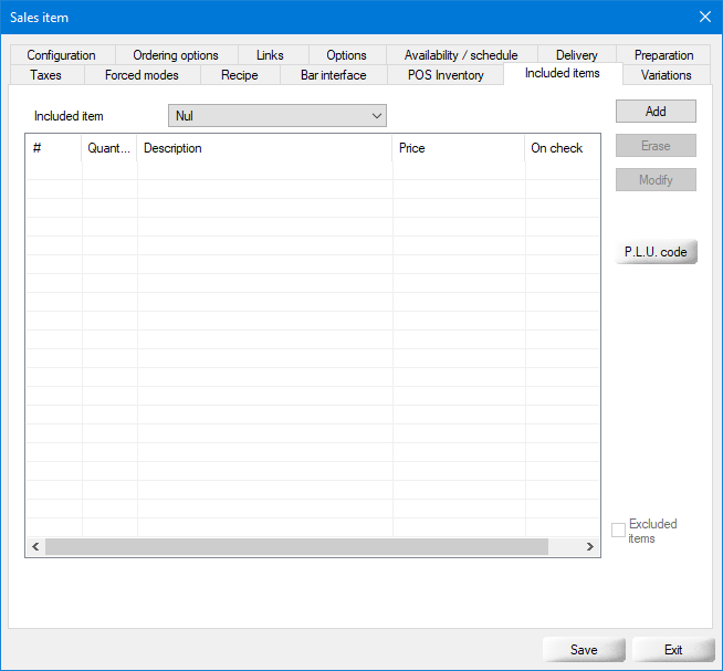 Sales Item Setup - Included Items